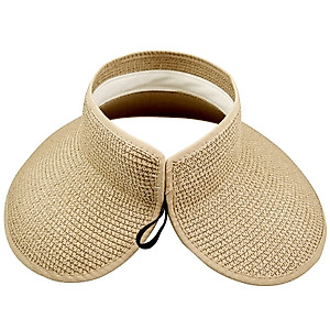 Women Sun Visors with Roll-Up Ponytail Packable Foldable Wide Brim Straw UV Protection Sun Beach Hats for Women Travel(Khaki)