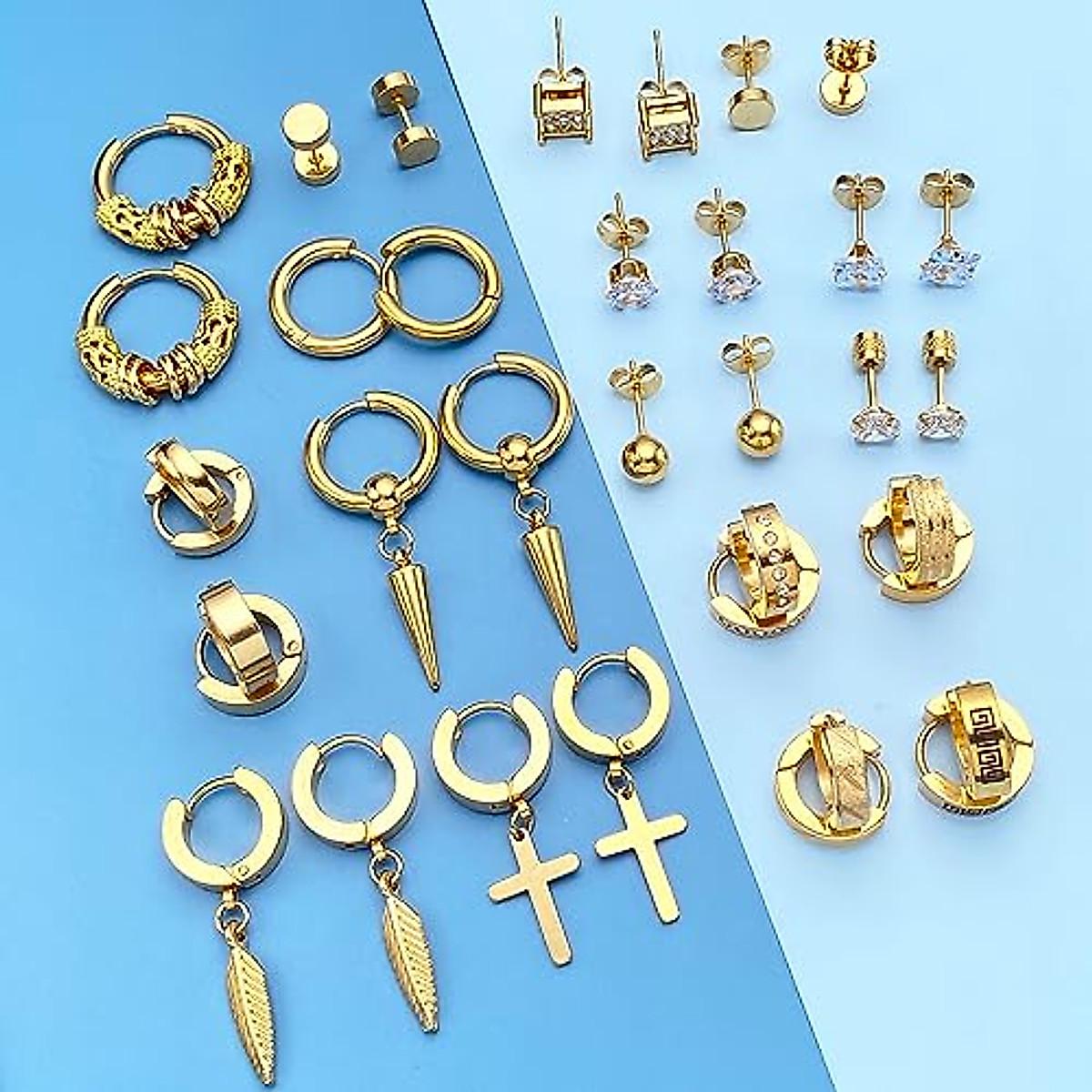 LASPERG Gold Earrings for Men, 18 Pairs Gold Hoop Earrings Men, Stainless Steel Stud Cross Dangle Hoop Earrings Set Fashion Piercing Jewelry