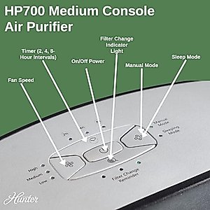Hunter HP700 Medium Console Air Purifier for Large Rooms Features Pre-Filter, True HEPA Filter, Multiple Fan Speeds, Soft Touch Digital Control Panel, Sleep Mode, Timer, Accent Light