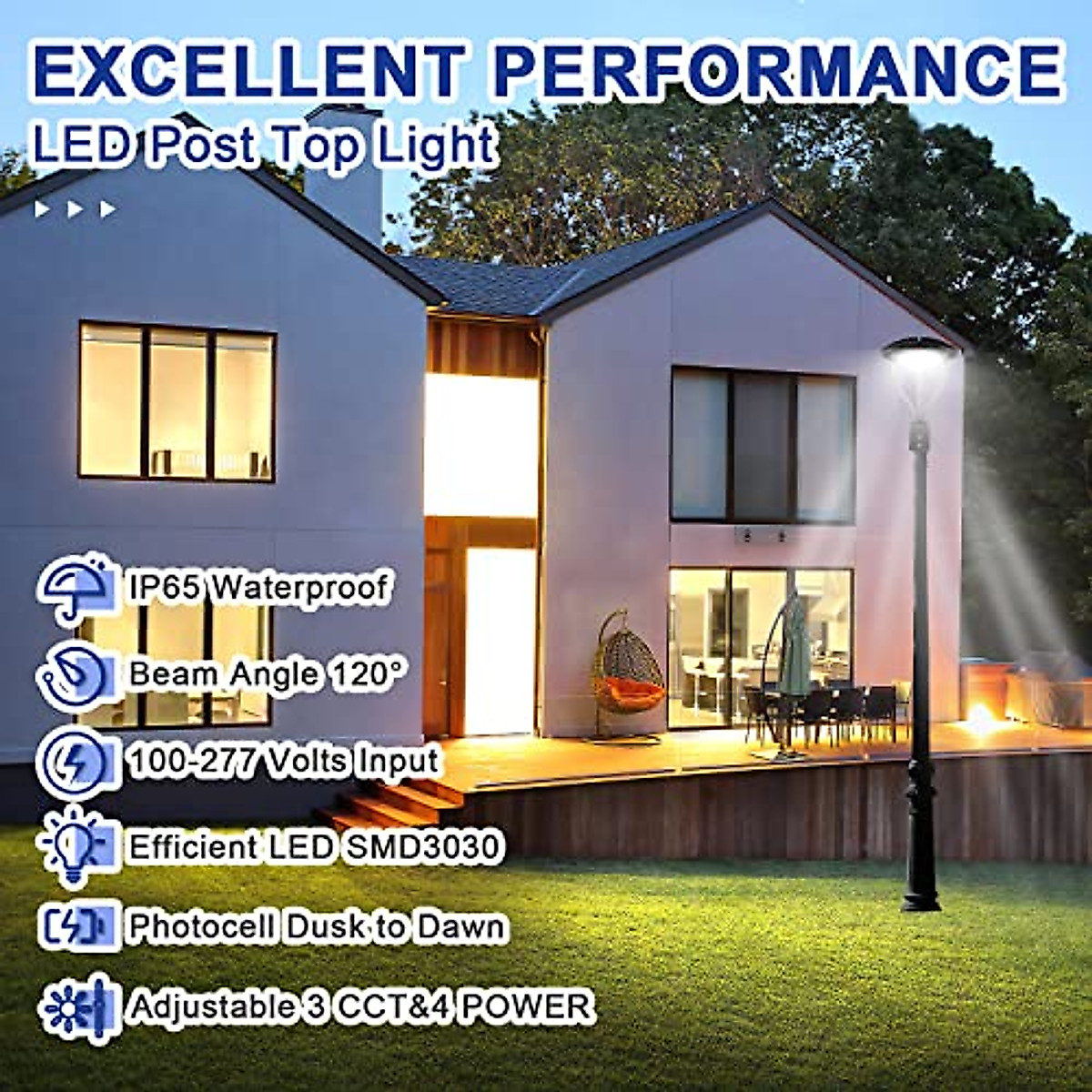 LED Post Top Light with Photocell Dusk to Dawn, 20W-30W-40W-60W Power Tunable,3CCT 3000K-4000K-5000K LED Circular Street Area Pole Light, for Courtyard Garden Street Lighting IP65 DLC&ETL Listed