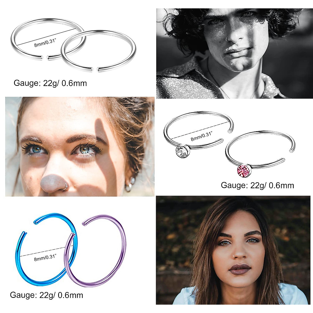 EIELO 240 Pcs Nose Ring Studs Set for Women Men Surgical Stainless Steel Nose Hoop CZ Bone Nose Studs Ring Nose Piercing Jewelry 20G 22G 1.5mm 2mm 2.5mm L Shaped