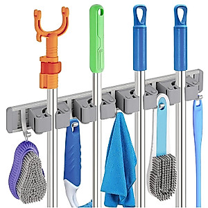 DORPIX Broom Holder Wall Mount,Extended Broom Holder and Mop Hanger- 4 Adjustable Silicone Anti - Slip Racks and 5 Hooks for Garage, Kitchen, Bathroom, and Garden Tools (1 Pack)