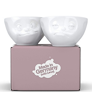 FIFTYEIGHT PRODUCTS TASSEN Medium Porcelain Bowl Set No. 3, Tasty & Snoozy Face, 6.5 oz. White (Set of 2 Bowls)