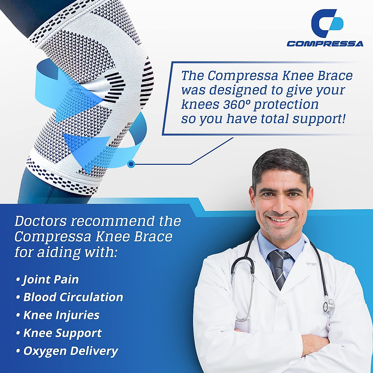 Compressa Knee Compression Sleeve For Women & Men, Braces for Pain - Premium Non-Slip Support Joint Pain, Muscle Recovery, Arthritis Relief, Injury Recovery and More Sleeves Weightlifting, Volleyball,