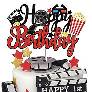 Movie Night Happy Birthday Cake Topper Glitter Movie Film Theater Birthday Cake Decoration Roll Hollywood Cinema Theme Birthday Party Baby Shower Supplies