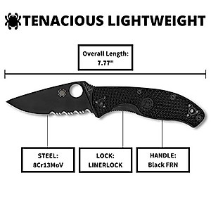 Spyderco Tenacious Lightweight Folding Utility Pocket Knife with 3.39" Black Stainless Steel Blade and Black FRN Handle - Everyday Carry - CombinationEdge - C122PSBBK