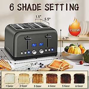 SEEDEEM Toaster 4 Slice, Bread Toaster with LCD Display, 6 Shade Settings Stainless Toaster, 1.5'' Wide Slots, Digital Toaster for Bagel, Defrost, Reheat, Dual Control, Removable Crumb Tray, 1500W, Dark Metallic