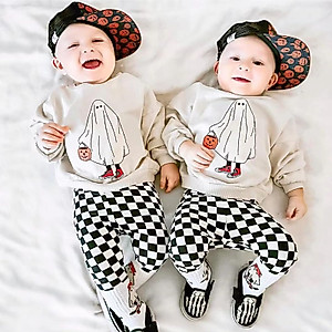 Lucikamy Toddler Baby Boy Halloween Outfit Long Sleeve Ghost/Pumpkin Sweatshirt Tops Elastic Pants 2PCS Fall Winter Clothes (Light Grey, 18-24 Months)