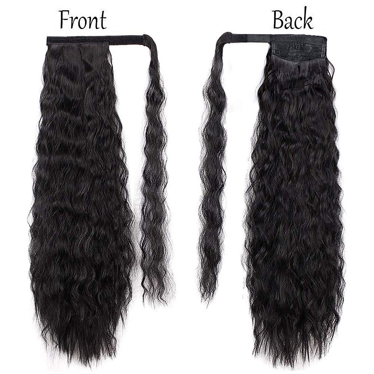 Stamped Glorious Long Corn Wave Ponytail Extension Magic Paste Heat Resistant Wavy Synthetic Wrap Around Ponytail Black Hairpiece for Women (22 Inch, 22 Inch-Black)