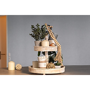 BonzaiKit Two Tier Wood Tray with Wooden Beads - Farmhouse Rustic 2 Tiered Serving Stand for Kitchen & Home Decor - Cupcake Stand with Metal Holder