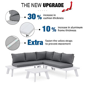 Soleil Jardin 4-Piece Outdoor Patio Furniture Set L-Shaped Aluminum Sectional Sofa with Coffee Table All-Weather Patio Conversation Set with Cushions, White