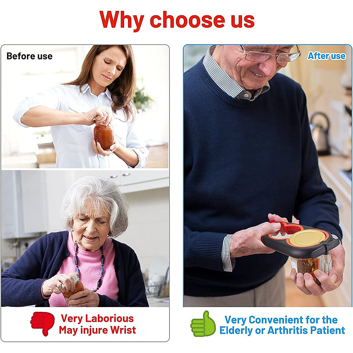 4-in-1 Can Opener & Jar Opener Tool - Perfect for Seniors with Arthritis, Arthritic Hands - Durable Kitchen Tools, Ideal Gift for Elderly Women - Bottle & Lid Opener, Hinged Gripper for Opening Jars