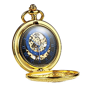 TREEWETO Men's Mechanical Roman Numerals Dial Sun and Moon Skeleton Gold Case Pocket Watches with Box and Chains for Mens Women