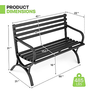 Magshion Metal Garden Bench for Outdoors, 2-Person Slatted Garden Bench with Armrest and Backrest, 485 lbs Capacity, Black