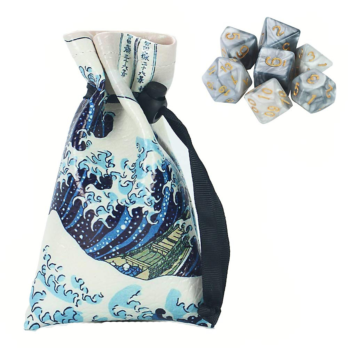 QIELIZI DND Dice Bag Pouch,PU Leather Dragon Dice Pouch Wih 7 Die Set Perfect for Dungeons and Dragons RPG D&D Dices, Coins and Accessories(Huge Wave)