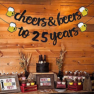 25th Birthday Decorations Cheers and Beers to 25 Years Banner Black Glitter Happy Birthday Wedding Anniversary Party Supplies