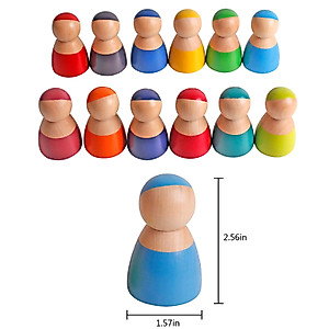 Dinhon 12 Wooden Rainbow Dolls Friends Toys Toddler Wooden Peg Bodies Baby Kids Wooden Pretend Play for Toddlers People Figures Shape Preschool Learning Educational Toys Montessori Toys