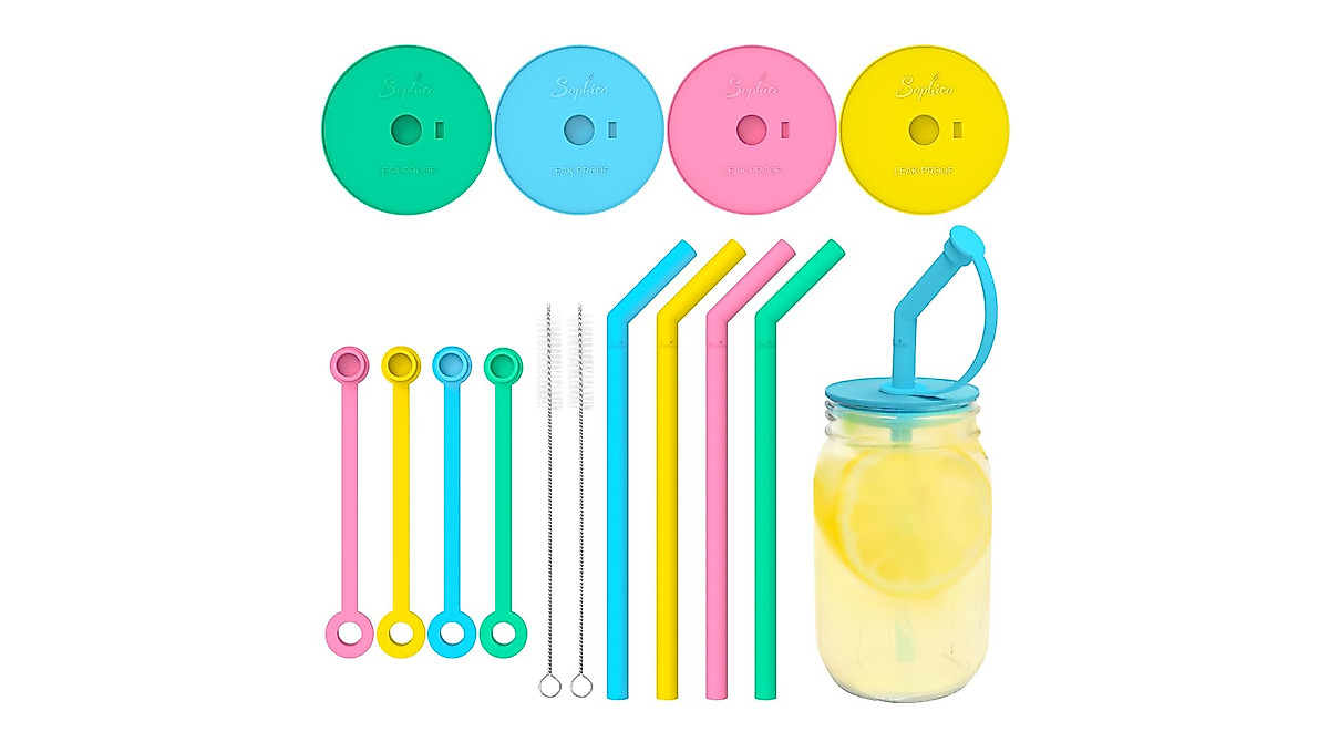 Sophico Silicone Mason Jar Lids with Straw - 4 Pack for Wide Mouth Jars
