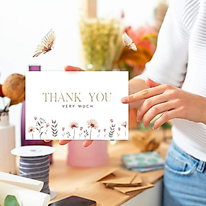 Minzerus Floral Thank You Cards With Envelopes - Bulk 24 Pack Flower Greeting Cards with Kraft Envelopes and Floral Stickers - for Birthday Wedding Baby Shower Bridal Shower, 4 x 6 Inch