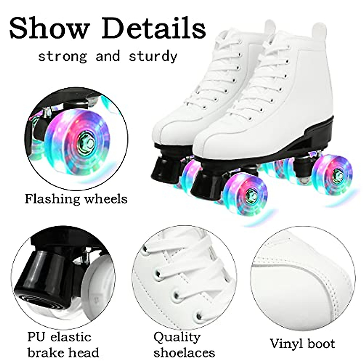 jessie Women's Roller Skates High Top Double Row Outdoor and Indoor Roller Skate Adjustable Roller Skates for Women Men Boys and Girls (White Flash Wheel,6)