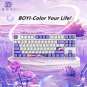 BOYI IK87 75% Tri-Mode Mechanical Gaming Keyboard,BT5.0/2.4G Wired RGB Keyboard,N-Key Rollover TKL Custom Keyboard Gateron Yellow Switch(Purple Dream Encounter Keycaps)