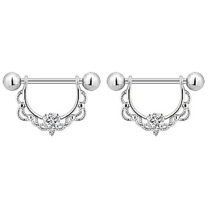 Forbidden Body Jewelry 14g Surgical Steel Clear CZ Crystal Lacey Partial Nipple Shield Filigree Barbell Set