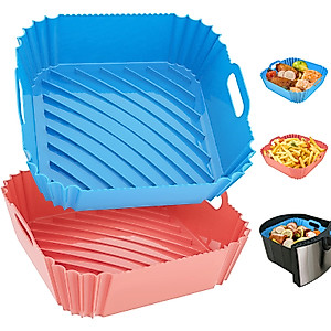Air Fryer Silicone Liners Square 2 Pack 8.6 Inch Airfryer Liners 4-7 QT Reusable Air Fryer Liners Silicone Pot Oven Liner Baking Tray, Air Fryer Basket Silicone Mat Bowl Air Fryer Accessories Kitchen