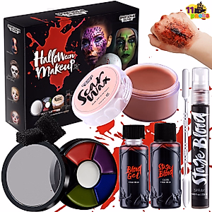 Spooktacular Creations Halloween Makeup Kit for Adult and Kids, 5 Colors Bruise Makeup Palette, Scar Wax with Spatula Tool, Fake Blood, Clotted Blood, Fake Blood Cream, Stipple Sponges