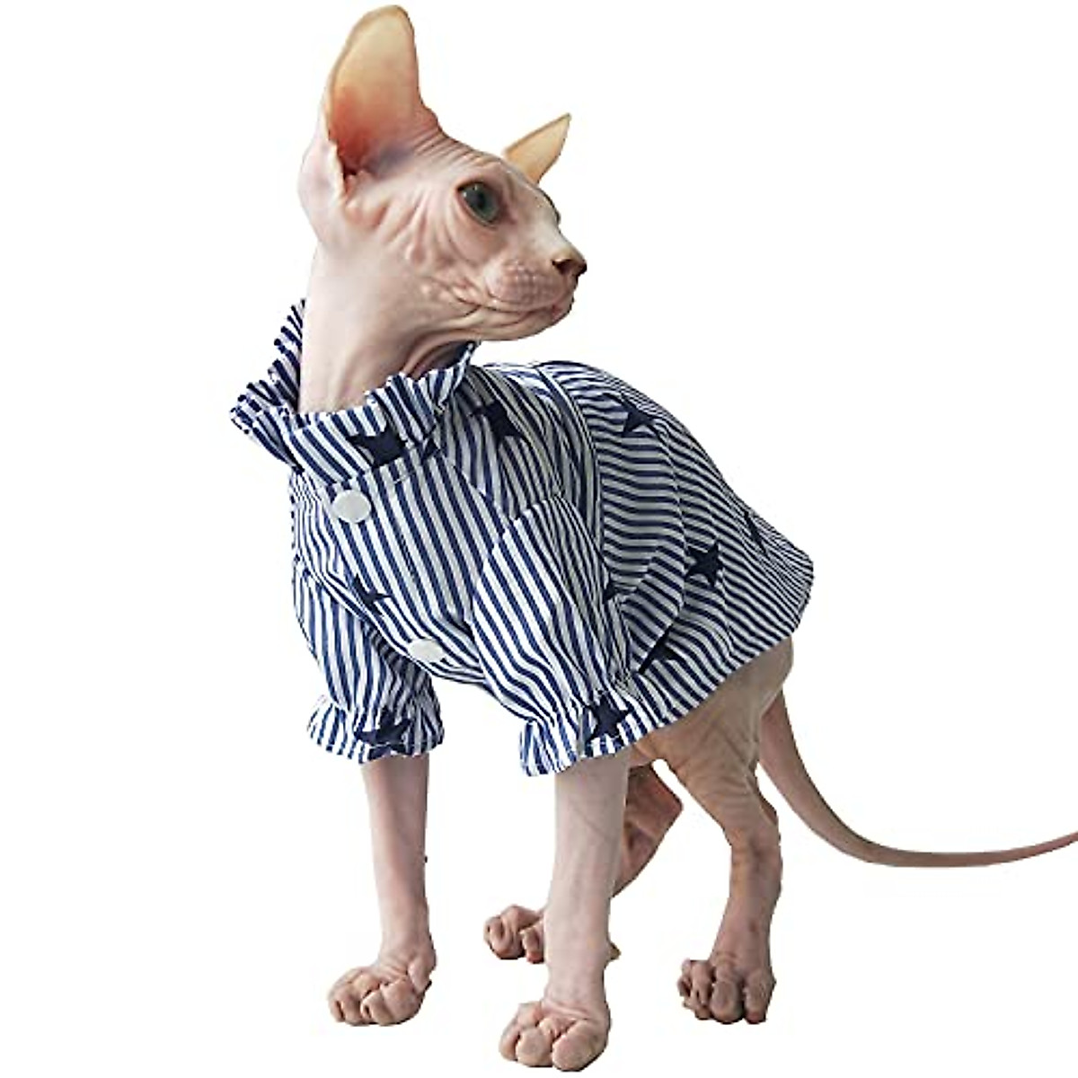 Sphynx Hairless Cat Shirt Clothes, Pet Cat Formal Wear Handsome Stripe Shirt with Detachable Tie Collar, Summer Breathable Cat Vest Apparel for Cornish Rex, Devon Rex, Peterbald (Small, Girls)