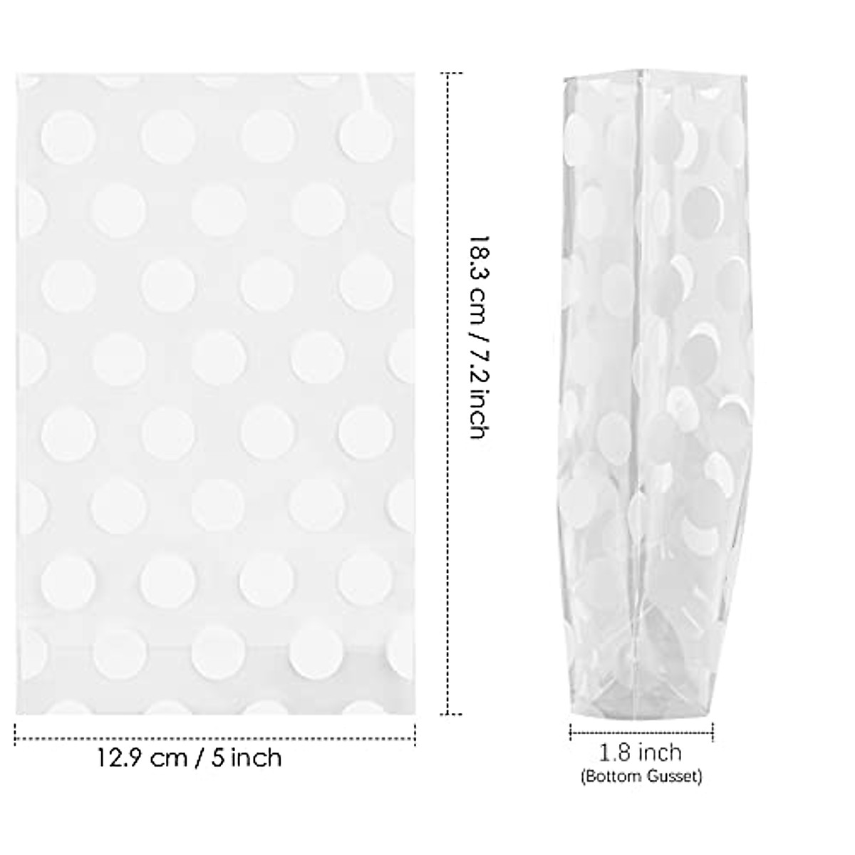 JOERSH 8.1" x 5" Bottom Gusset Clear Plastic Cookie Bags with Ties 200 Pack, White Polka Dots Pattern Small Candy Bags Treat Bags for Muffin Bakery Packaging