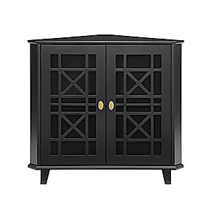 Walker Edison Ronne 2 Door Corner Accent Table with Fretwork Detail, 32 Inch, Black