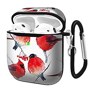 Slim Form Fitted Printing Pattern Cover Case with Carabiner Compatible with Airpods 1 and AirPods 2 / Watercolor Winter Background with Bullfinch and Cardinal