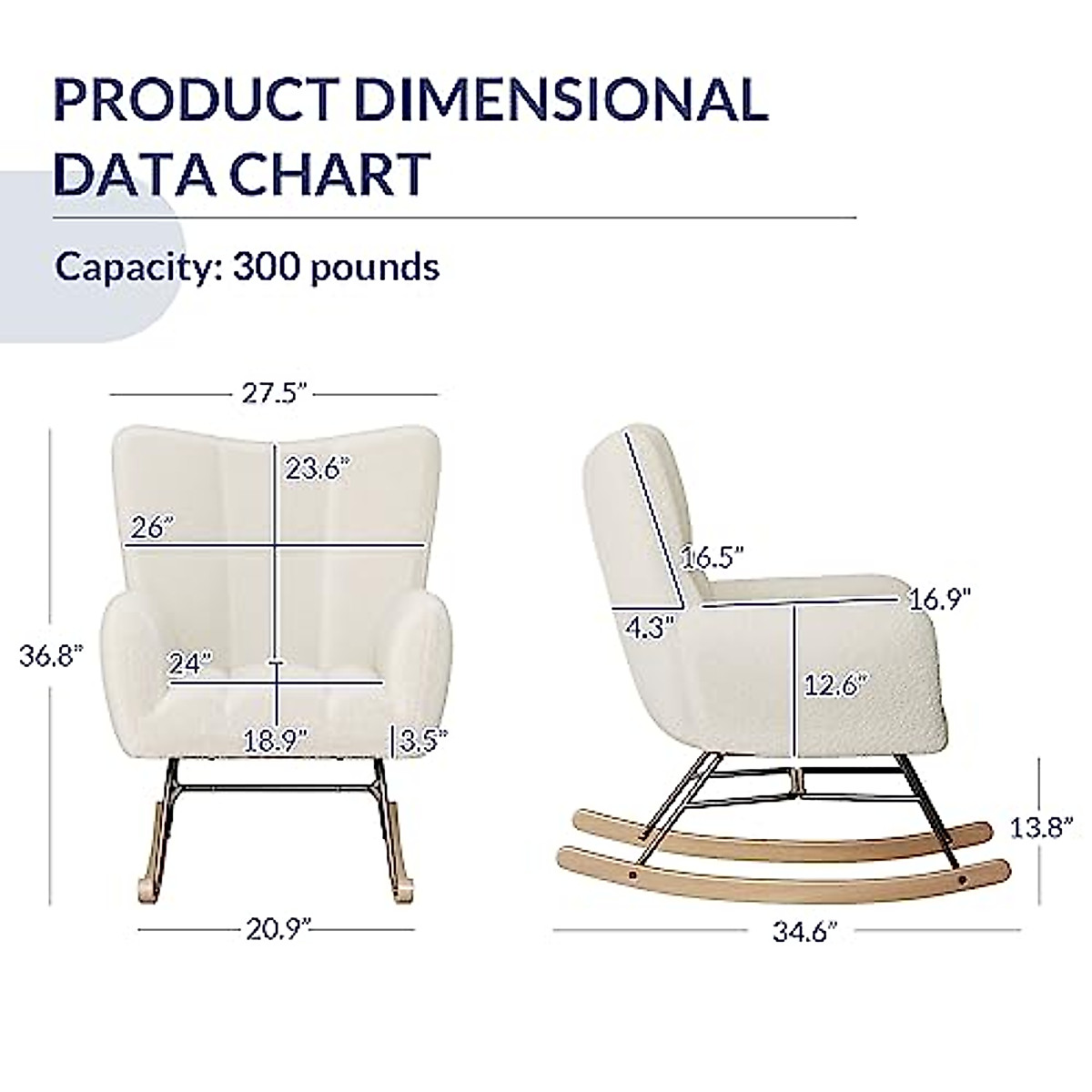 BELLEZE Rocking Chair, Nursery Chair Upholstered Glider Chair with Cushioned Back and Armrests, Wide Seat Rocker Chair for Bedroom, Nursery Room, Living Room, Office, Guest Room (Lucy - White)