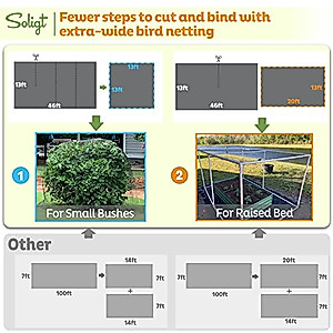 Soligt Bird Netting for Garden 13FT X 46FT Extra Wide Garden Netting with 100 Ties for Vegetable Raised Bed, Fruit Trees & Other Plants, Anti Bird Squirrel Deer Reusable Protection Net