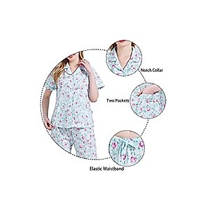 GLOBAL Women's 100% Cotton Pajama Sets | Two-Piece Soft Short-Sleeved and Long Pants PJs for Spring and Summer | Button Down Front Top and Drawstring Waist Bottom Nightwear