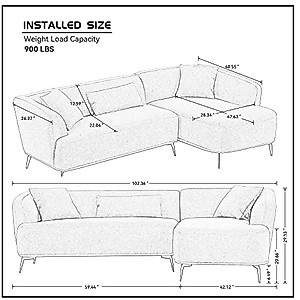 Goohome 102" L-Shape Sectional Sofa with Chaise Lounge, Oversize Modern Fabric Upholstered Couch with Metal Legs, Living Room Furniture Set for Apartment Bedroom