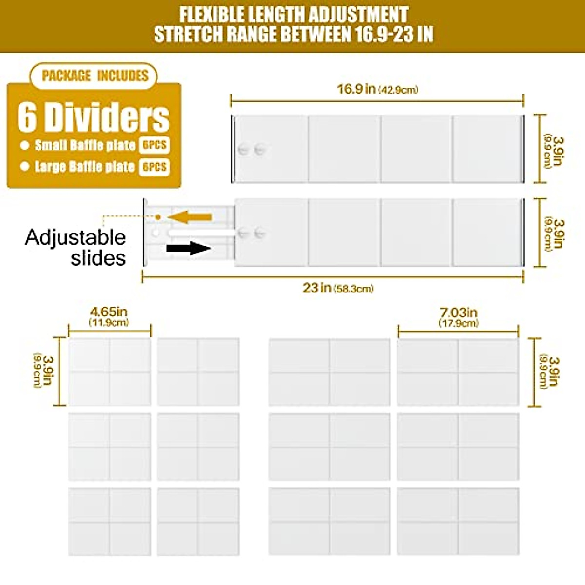 ARSTPEOE Drawer Dividers with 12 Inserts,16.9-23", Drawer Dividers for Clothes, Expandable Kitchen Drawer Organizer,Adjustable Drawer Separators for Bedroom Bathroom Dresser (6 Pack)