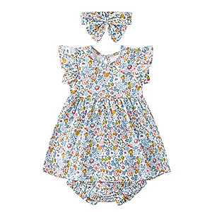pureborn Baby Girls Ruffled Sleeve Dress Cotton Swing Dress Casual with Headband Bloomer 3-6 Months Floral Blue
