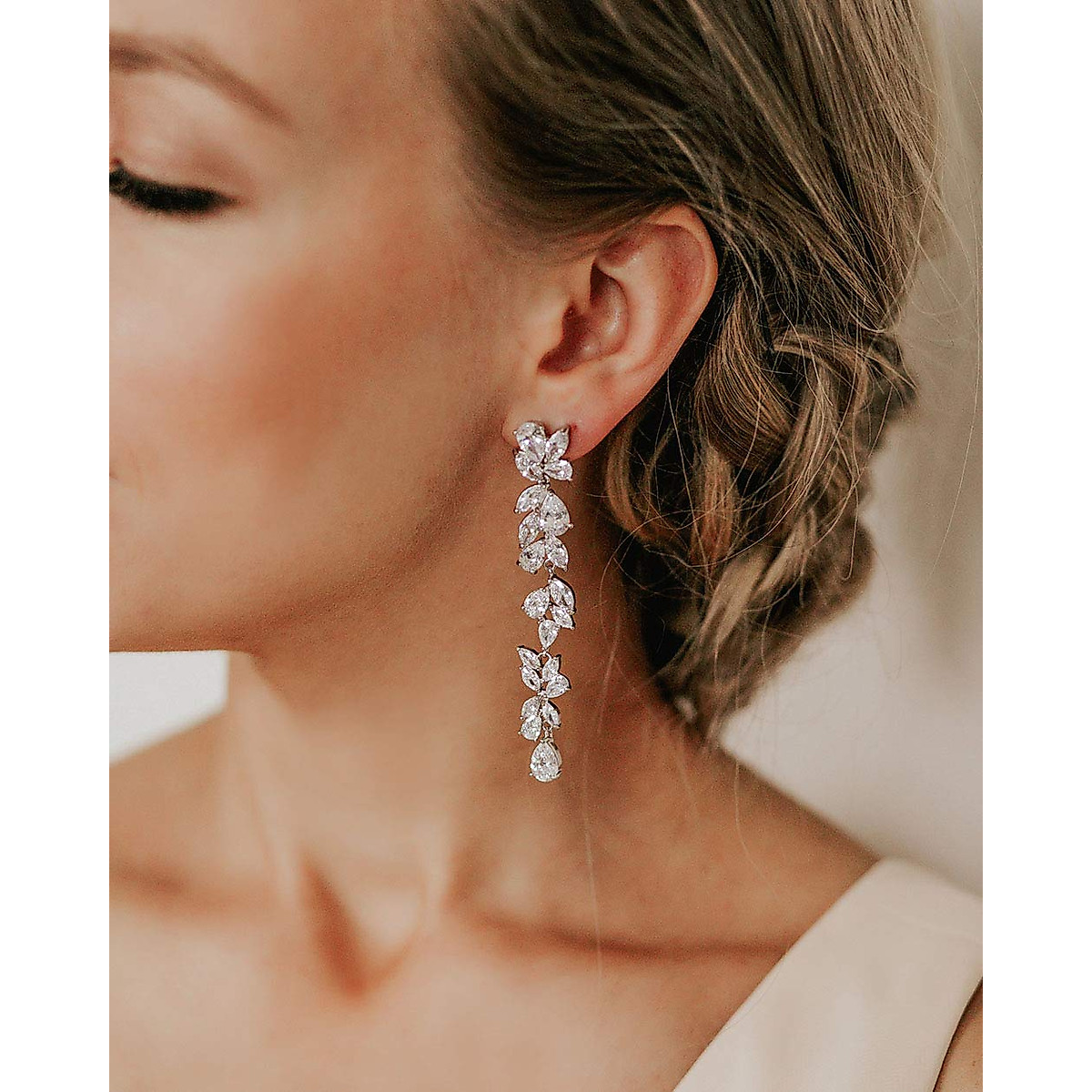 SWEETV Cubic Zirconia Bridal Earrings for Women Brides, Silver Crystal Chandelier Wedding Drop Earrings for Prom or Pageant