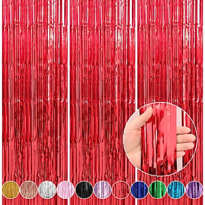 Crosize 3 Pack 3.3 x 9.9 ft Red Foil Fringe Curtains Party Decorations, Red Tinsel Curtain Backdrop for Parties, Door Streamers, Glitter Streamer Backdrop for Birthday Decoration, Preppy, Baby Shower