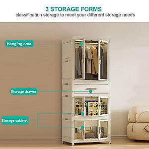 XIMSPHY Portable Kids Wardrobe, Plastic Closet Organizer with Hanging Rod, Collapsible Children's Armoire Storage Cabinet for Bedroom, Easy to Install (White, Large)