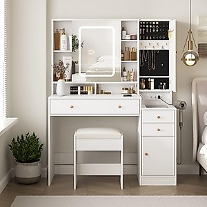 Vabches White Vanity Desk with Mirror and Lights, Vanity Table Makeup Vanity with Lights 3 Drawers and Cabinets, Charging Station & Sliding Door, Lots Storage Shelves