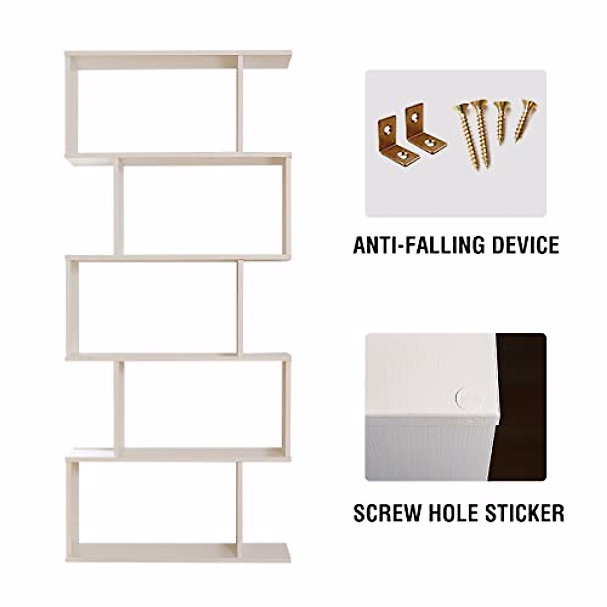 TinyTimes 5-Tier Wooden Bookcase, S-Shape Display Shelf and Room Divider, Freestanding Decorative Storage Shelving, 63'' Tall Bookshelf -White