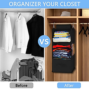 punemi 2 Pack 3-Shelf Hanging Closet Organizer and Storage, Hanging Closet Storage Organizer with Drawers, Foldable Hanging Shelves for Closet, Wardrob, 22.8" D x 11" W x 11" H, Black