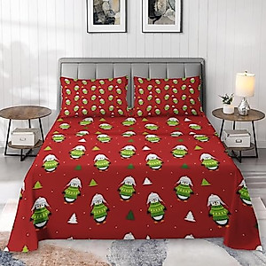 Pinbeam 3 Pcs Fitted Sheet Set Twin Size with Deep Pocket, Funny Christmas Tree Bedding Set with Pillowcase for Kids and Adults, Kids Winter Animal Flat Bed Sheet Set