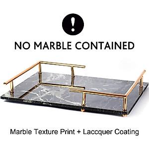 PuTwo Decorative, MDF Marble Print, Handmade Vanity, Perfume Jewelry Metal Handle, Trinket, Catchall Tray, for Dresser Bathroom Table, Black