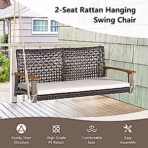Tangkula 2 Person PE Wicker Porch Swing Bench, Outdoor Hanging Swing with Soft Seat Cushion and Hanging Ropes(Length of 118" for Each Chain), 800 LBS Weight Capacity (Off White)