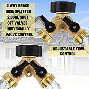 Biswing 2 Pack Garden Hose Splitter 2 Way, Heavy Duty Brass Connector Tap Splitter, Y Splitter 2 Valves with 4 Extra Rubber Washers