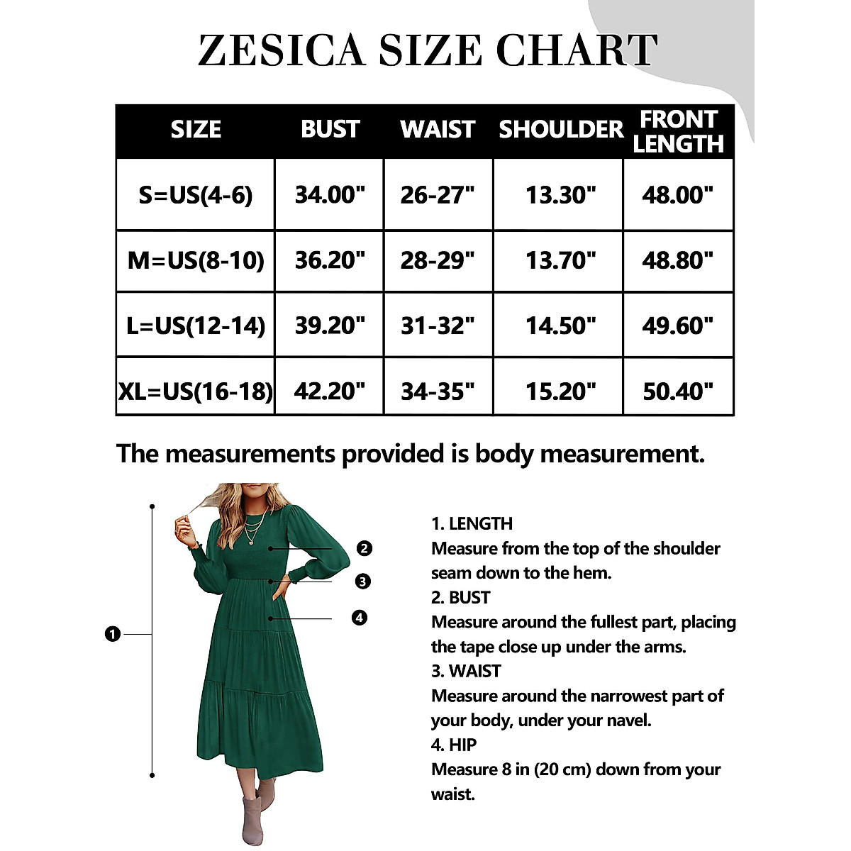 ZESICA Women's Casual Long Sleeve Crew Neck High Waist Smocked Flowy Tiered Midi Dress,DarkGreen,Large