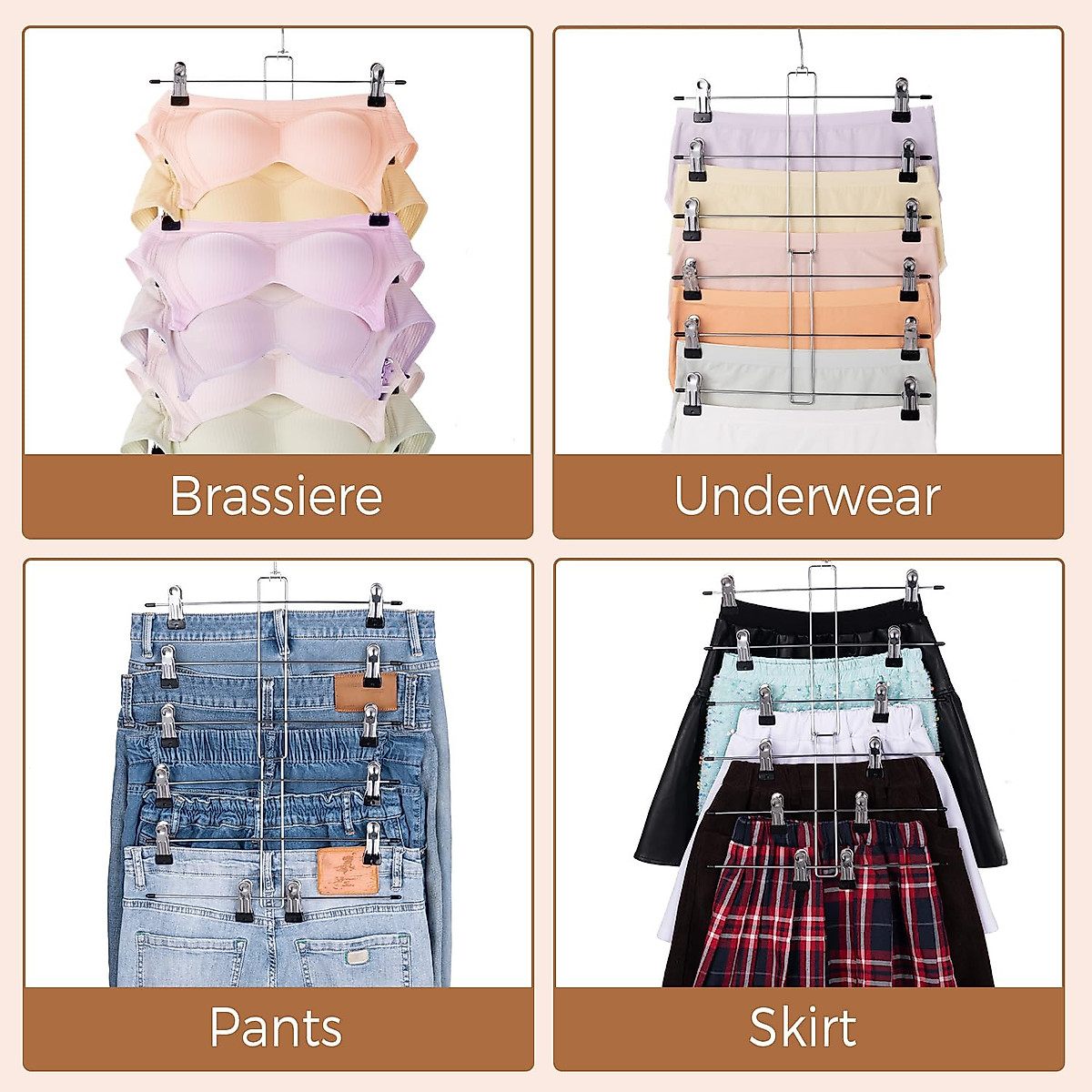 Tonswachic Pants Hangers with Clips - 6 Tiers Skirt Hangers - 3 Pack Pants Hangers Space Saving - Closet Organizer and Storage for Jeans Leggings Shorts (3 Pack with Extra One Purse Hanger Organizer)